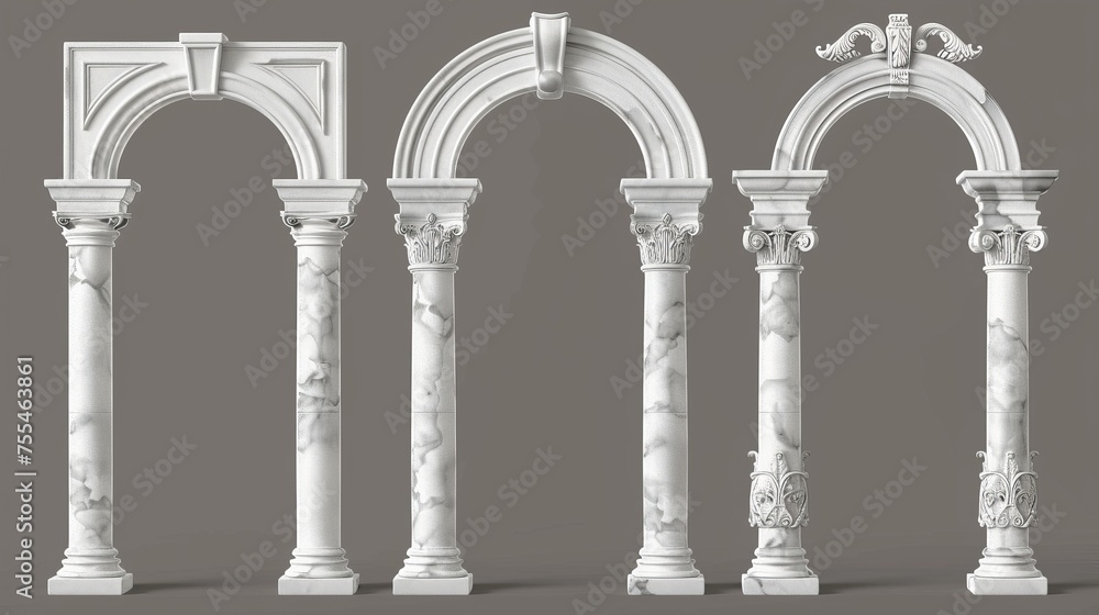Set of three 3D antique marble arches isolated on a transparent ...