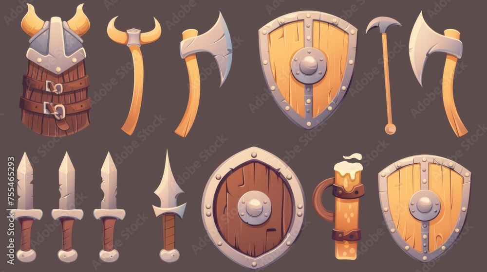 A set of Viking tools and weapons for game UI icons. Cartoon ...