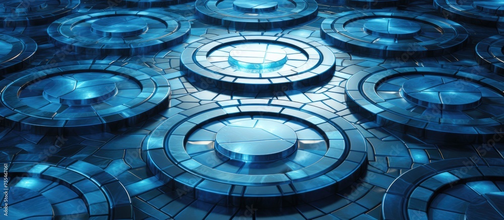 A multitude of circular metal objects, mainly in blue tones, are ...