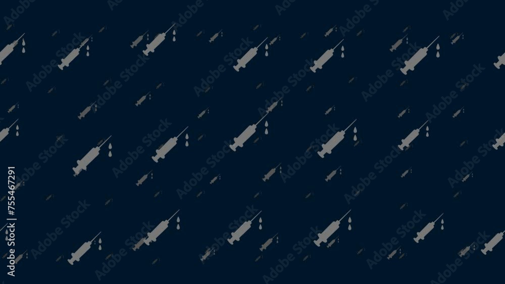 Syringe symbols float horizontally from left to right. Parallax fly ...