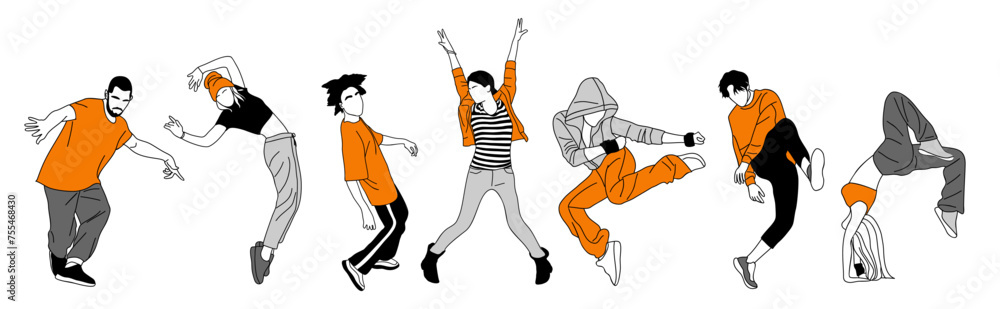 Set of teenager dancers hip hop, breakdance outline vector drawing on ...