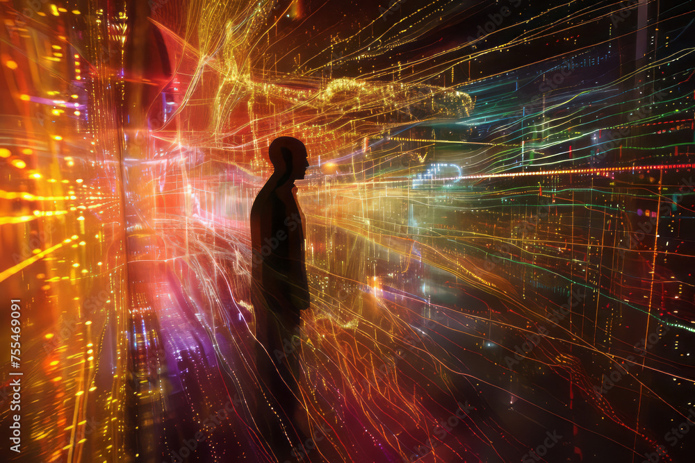 A pixelated digital humanoid silhouette intersected by a vibrant web of glowing data streams ...