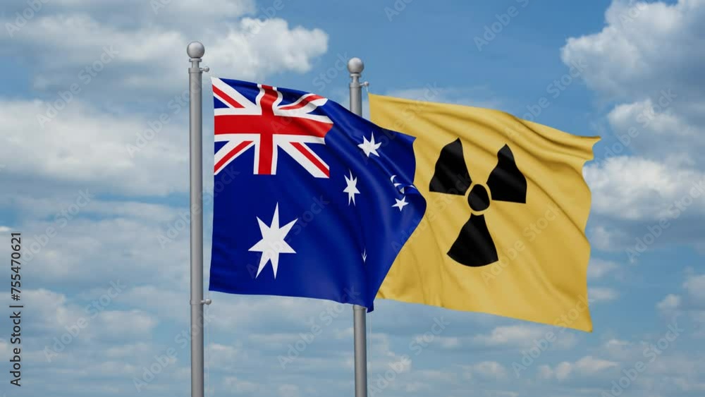 Australia and Radiation danger flags waving together on looped video ...
