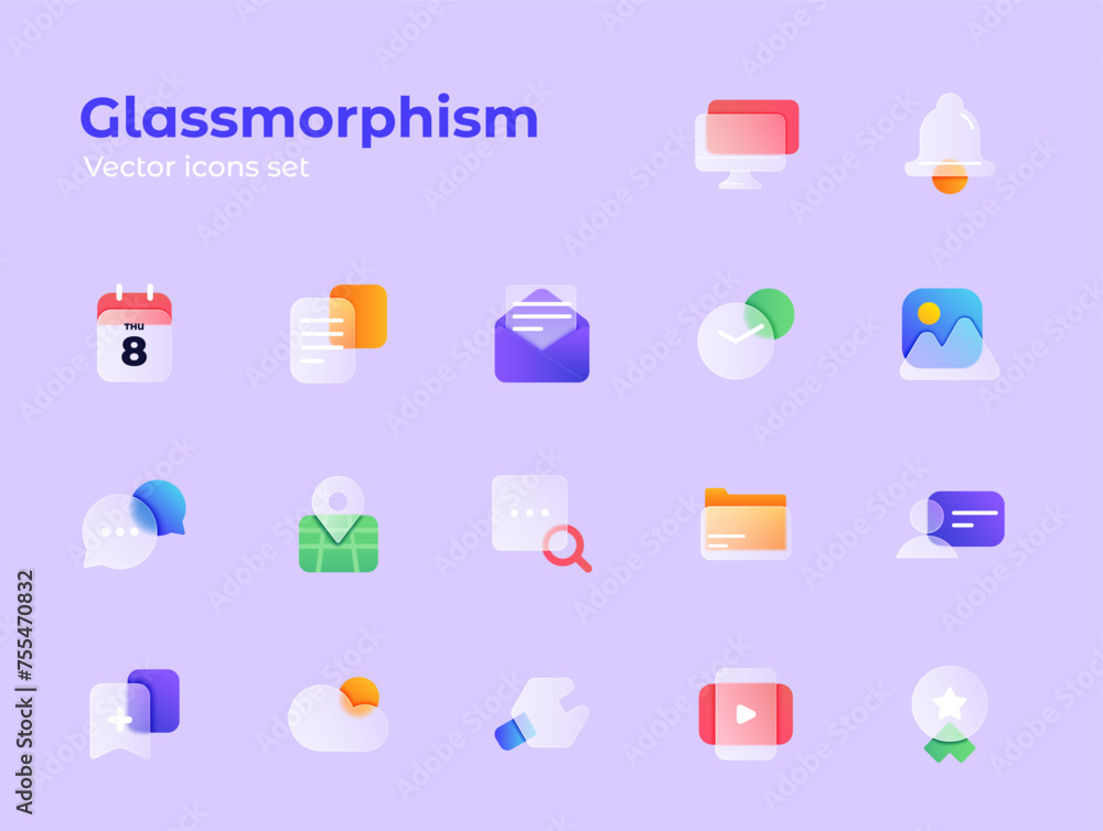 Modern trendy icons in the style of glass morphism with gradient, blur ...