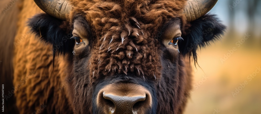 A detailed view of a bisons face, showcasing its rugged features up ...