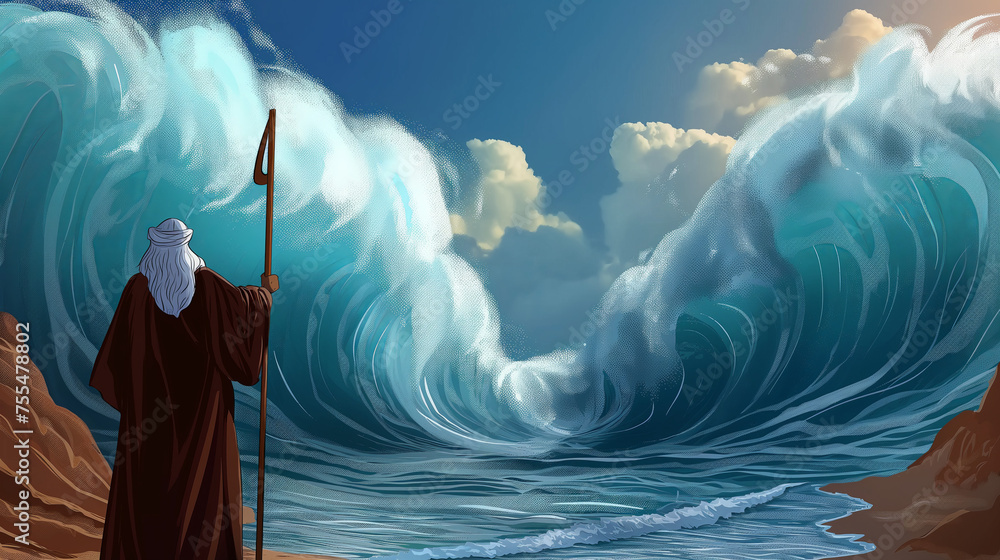 Jewish exodus biblical story cartoon illustration - Moses parting the ...