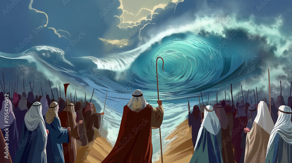 Jewish exodus biblical story cartoon illustration - Moses parting the ...