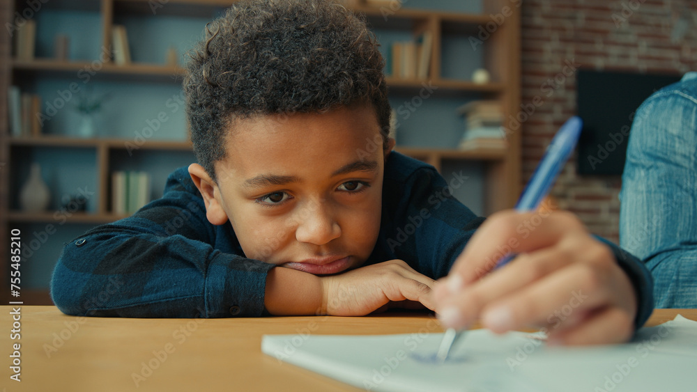 Sad upset lazy unmotivated tired exhausted fatigued little African ...