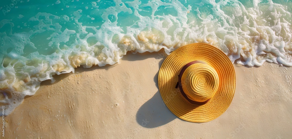 Yellow summer hat on tropical sandy beach. for mockup and advertising ...