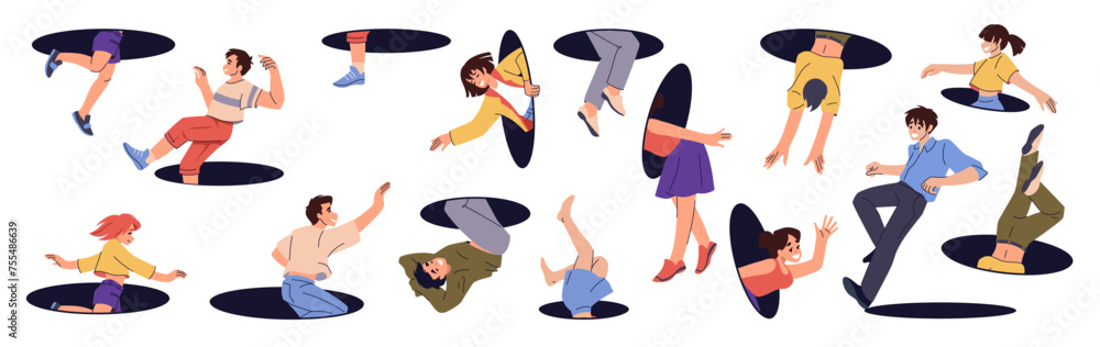 People jump. Dynamic person flying. Men come and find in circle ...