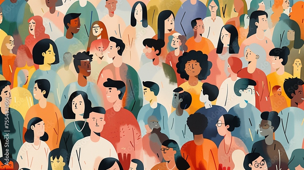 Colorful, abstract illustration of a diverse group of stylized people ...