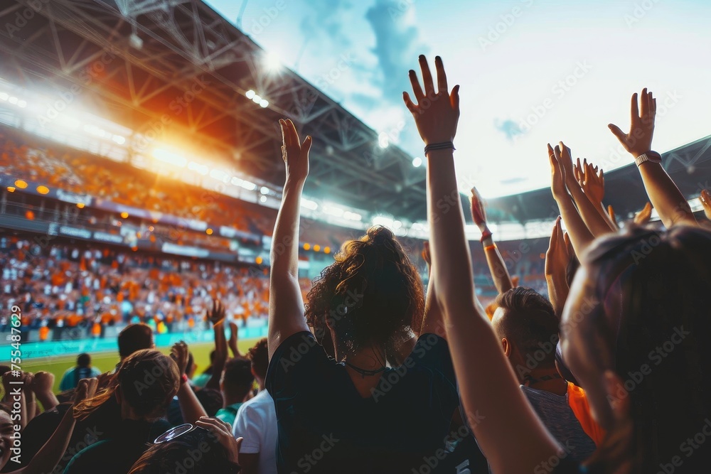 Excited crowd with hands up, cheering during an intense moment at a ...