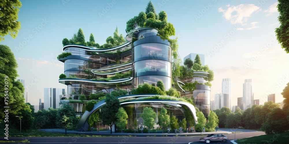Futuristic green architecture in modern city. Sustainable glass office ...