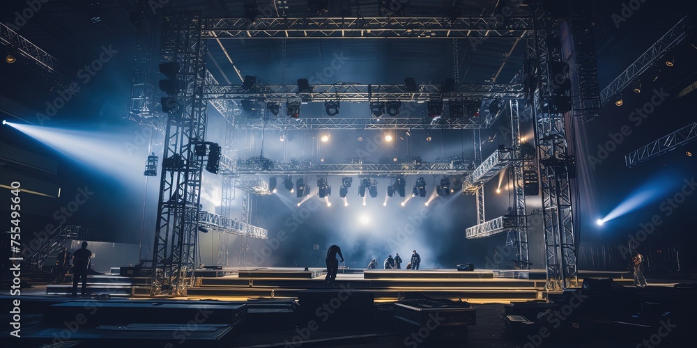 A Live stage production being built in a center stage type venue. Stage ...