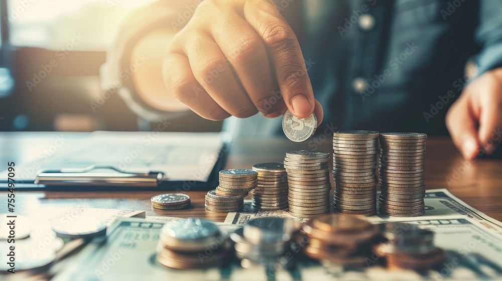 A character appears pushing a large coin towards a stack of coins a ...