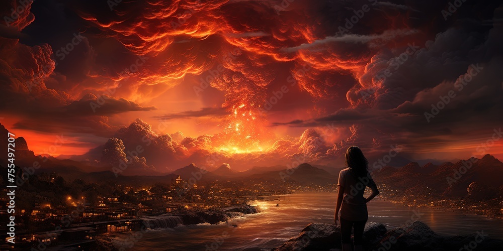 As the fiery volcano erupted against the vibrant sunset sky, a woman ...