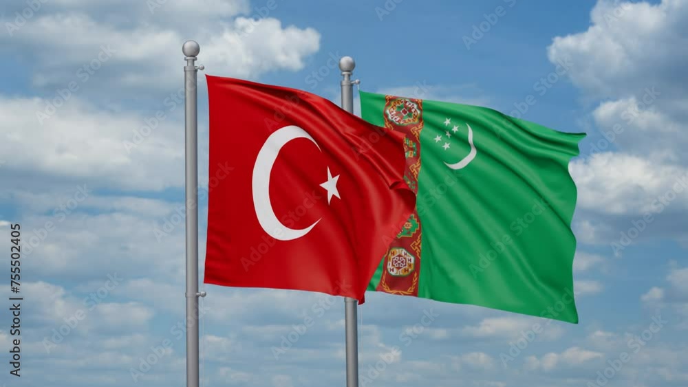 Turkmenistan and Turkey two flags waving together, looped video, two ...