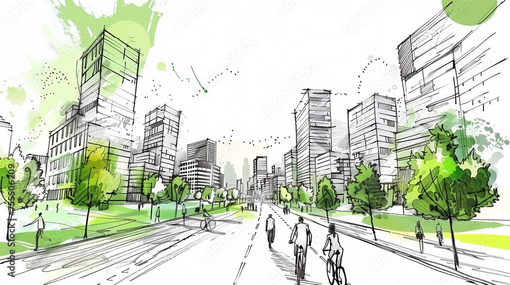 An artistic sketch depicting a bustling urban street scene focused on ...