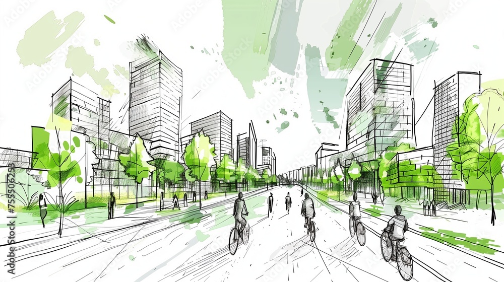 An artistic sketch depicting a bustling urban street scene focused on ...