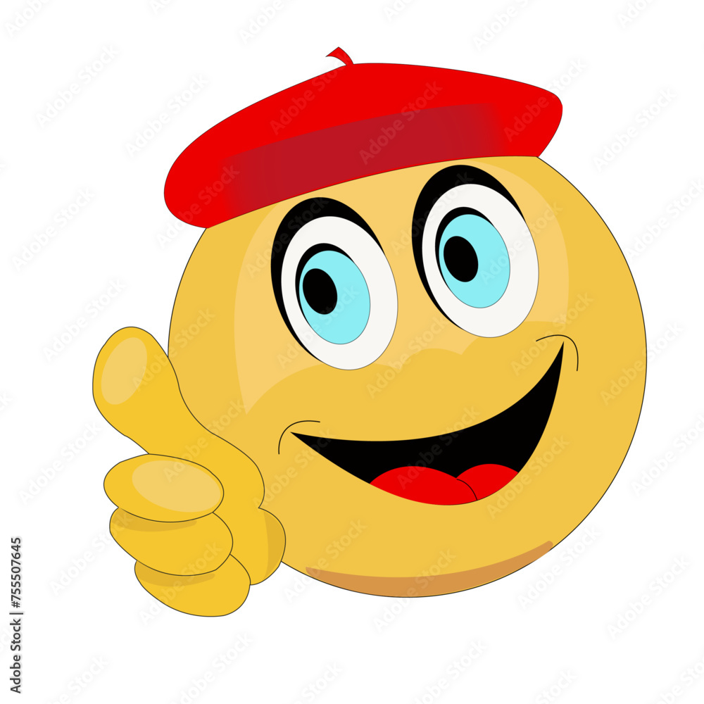 Expression d'un visage joyeux sur émoticône, avec bérêt rouge sur la ...