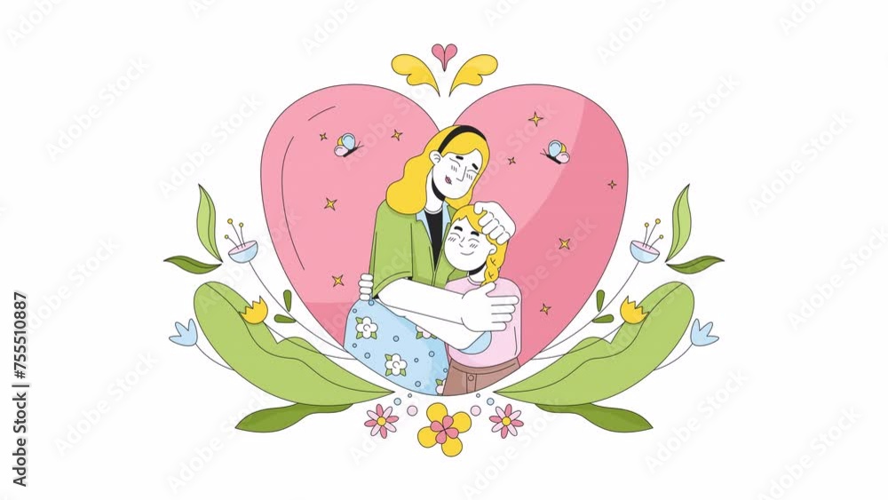 Heart-shaped young daughter mother hug line 2D characters animation ...