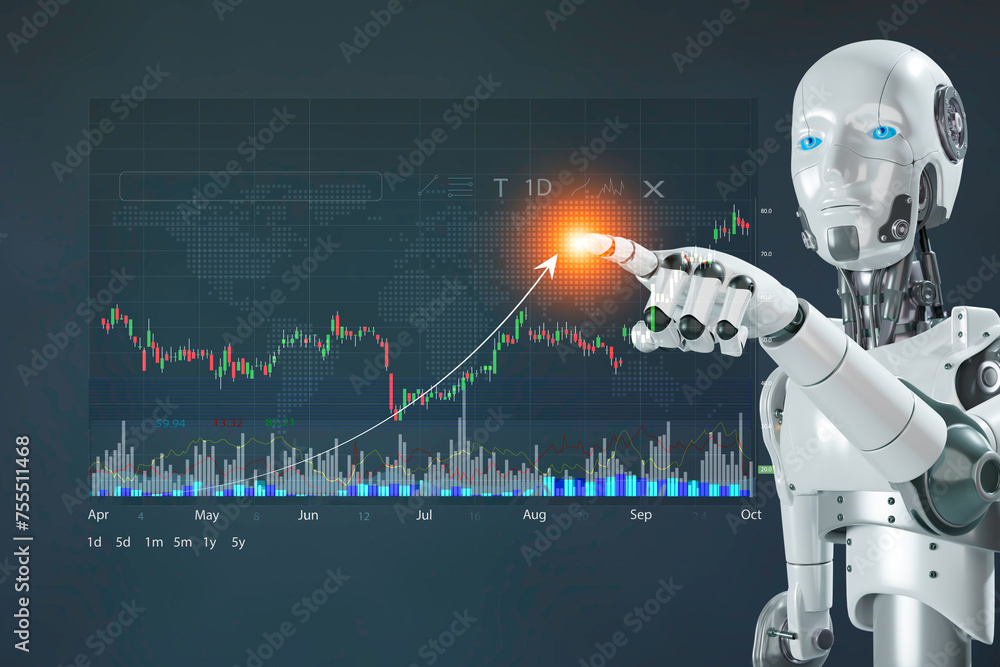 Robot trading concept. Robot hand on stock market charts represents use of artificial ...