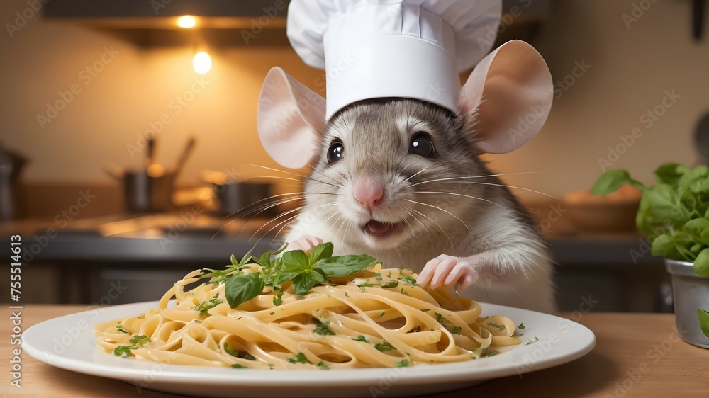 Standing on a stack of cookbooks, the mouse chef reaches up to adjust ...