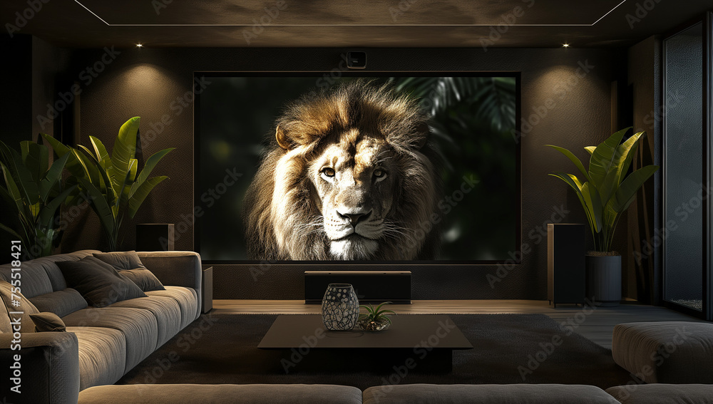 A 4K hyper-realistic 3D movie on a home theater screen has a lion that ...