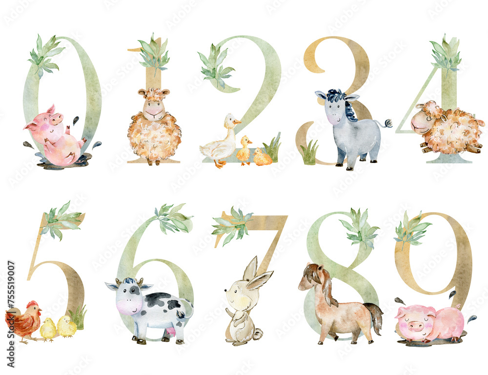 Watercolor farm animals numbers for invitation card, nursery poster and ...