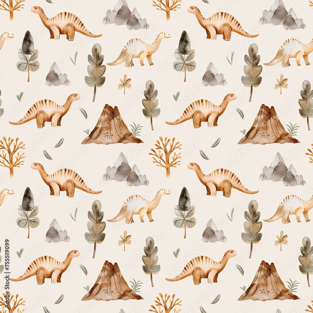 Scandinavian boho pattern in beige shades with dinosaurs, cute and ...