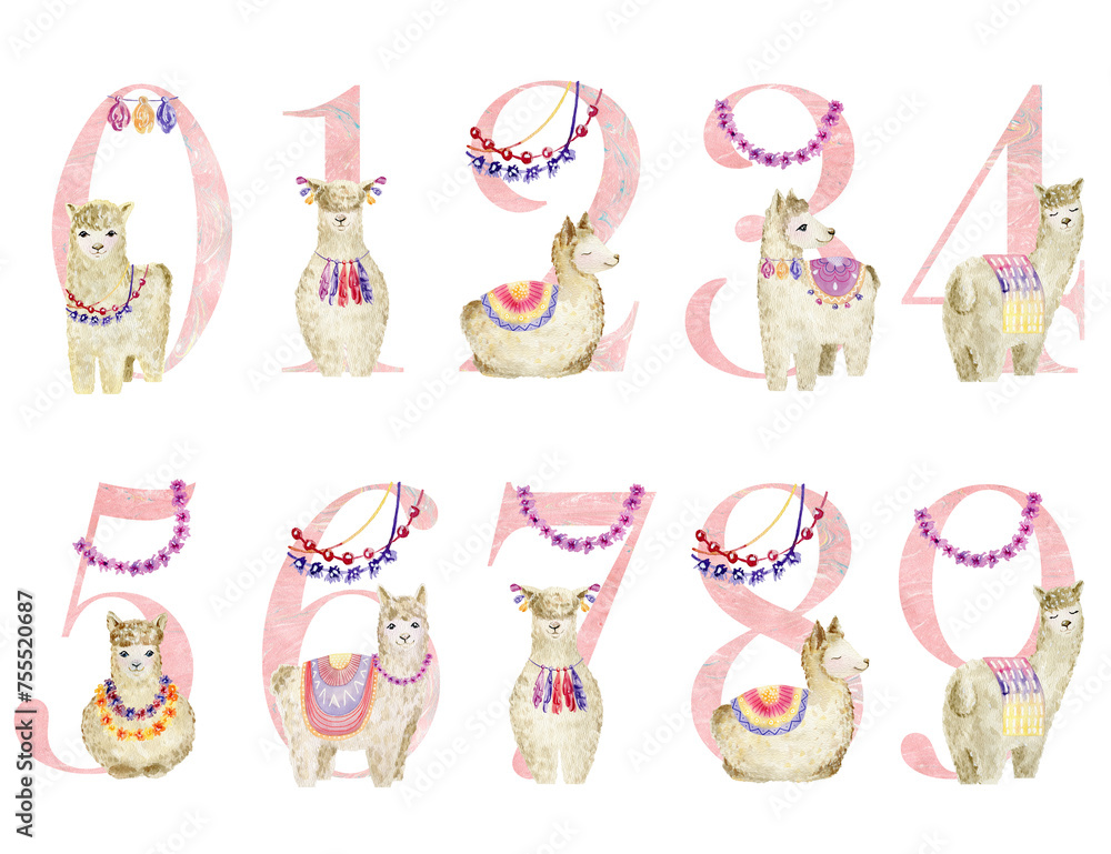 Watercolor numbers with llamas for invitation card, nursery poster and ...