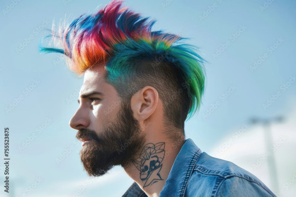 Capturing a side view of a stylish individual donning a rainbow-colored ...