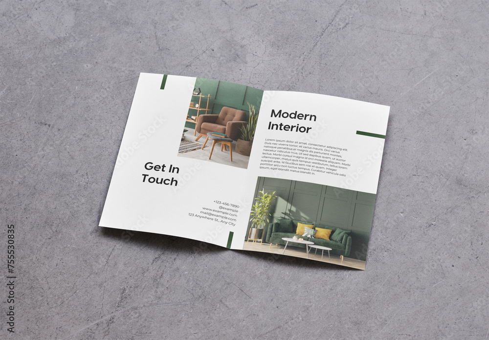 Mockup of customizable A4 bi-fold open leaflet Stock Template | Adobe Stock