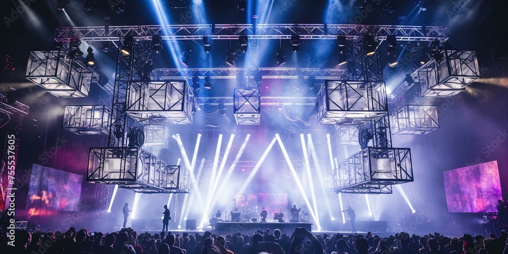 A Live stage production overhead trusses and lighting in a live venue ...