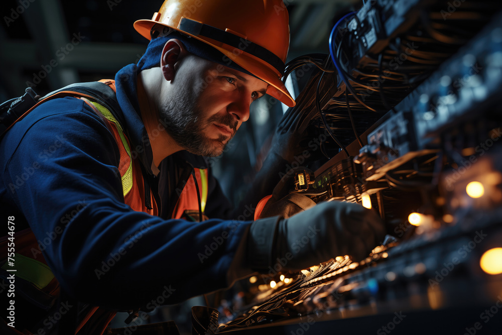 Experienced electrician wearing a yellow hardhat and safety gear, working on wiring and ...