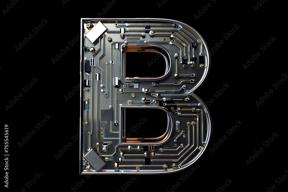 Futuristic circuit board typography, alphabet letter B with metal ...