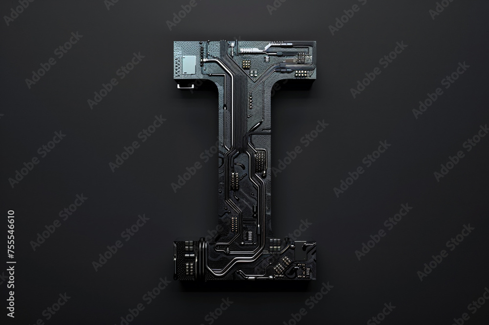 Futuristic circuit board typography, alphabet letter I with metal ...