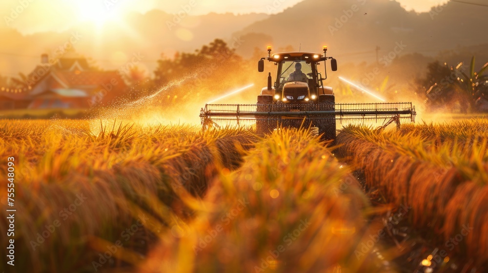 Agriculture of the future, satellite-guided rice harvester, seamless ...