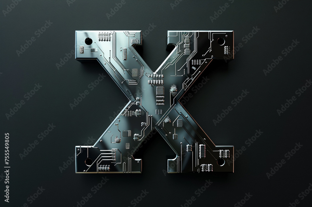 Futuristic circuit board typography, alphabet letter X with metal ...