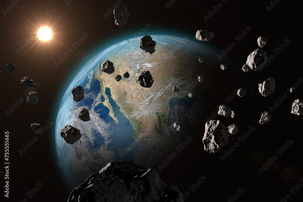 Asteroids near planet Earth. Asteroids or meteorites heading for Earth ...