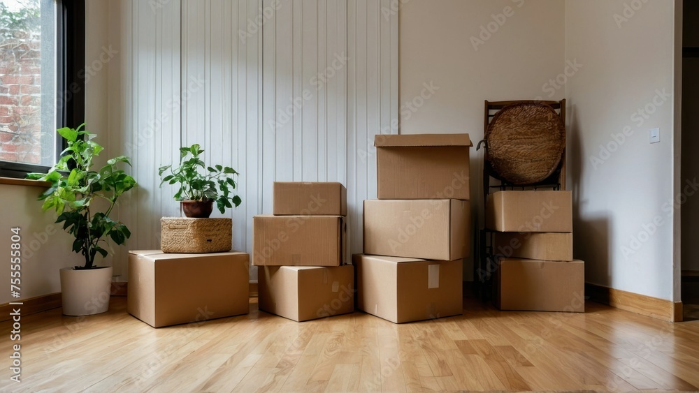 Stack of brown cardboard boxes with household belongings on floor in ...