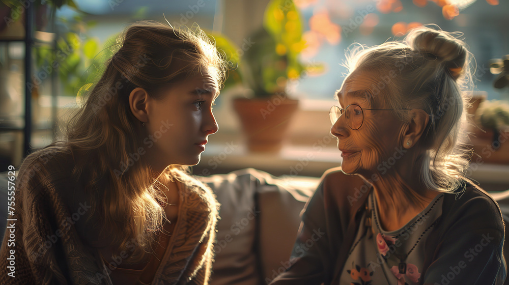 Grandma and granddaughter have an emotional conversation on the sofa in ...