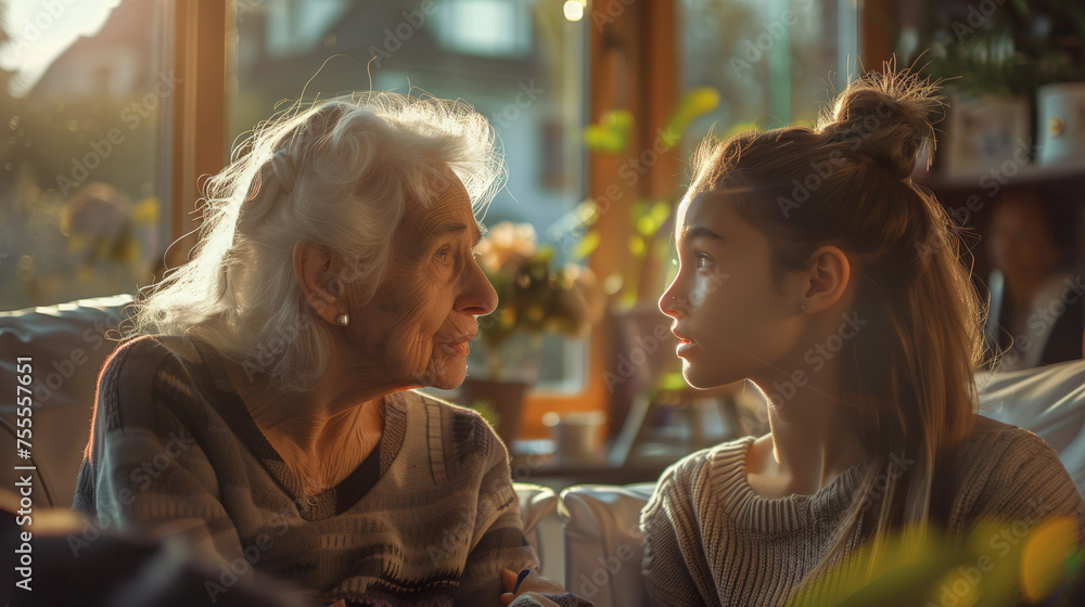 Grandma and granddaughter have an emotional conversation on the sofa in ...