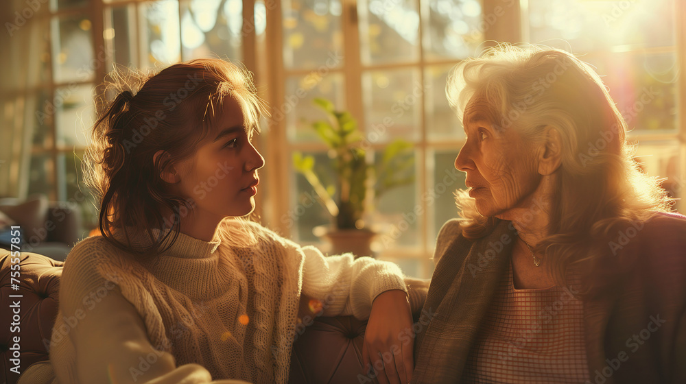 Grandma and granddaughter have an emotional conversation on the sofa in ...