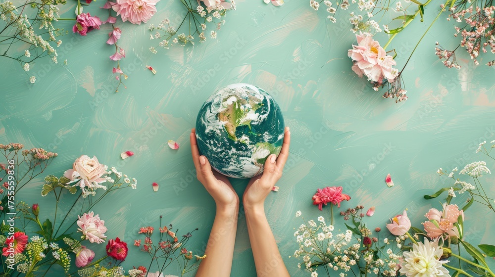 Hands cradle Earth amidst a floral arrangement, symbolizing Earth Day's ...