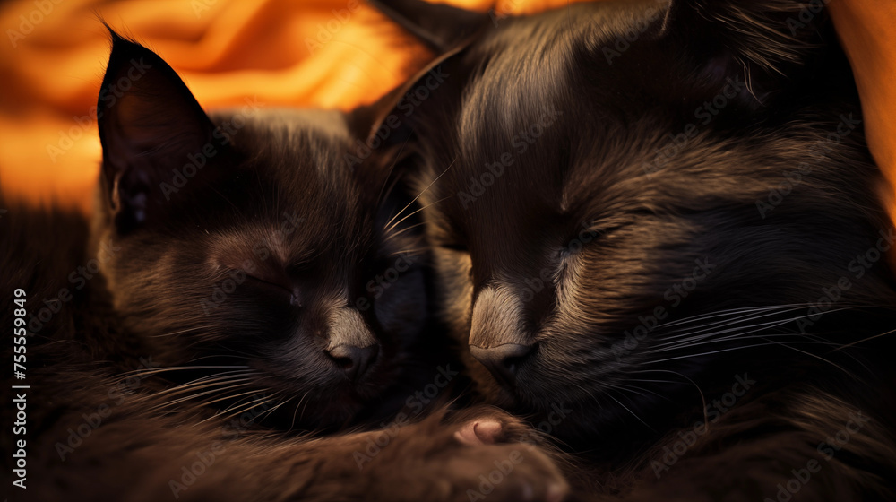 Chaton et sa maman endormis. Chat noir, animal, animaux de compagnie ...