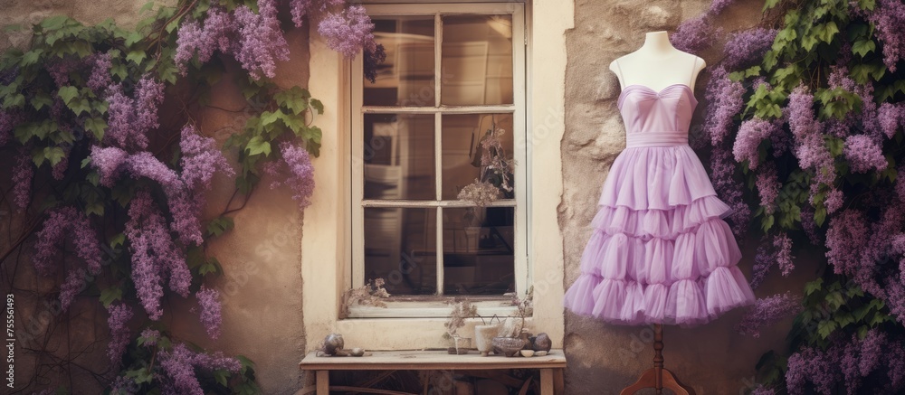 A retro violet window with wooden shutters and a stone wall background ...