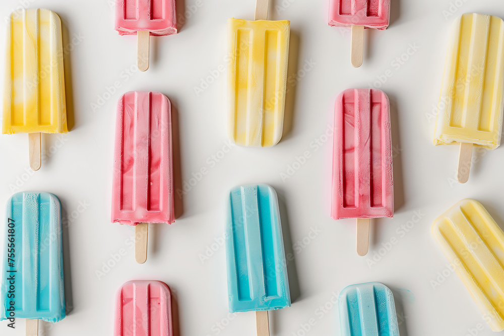 Colorful summer popsicles on a white background, shown from above. Pink ...