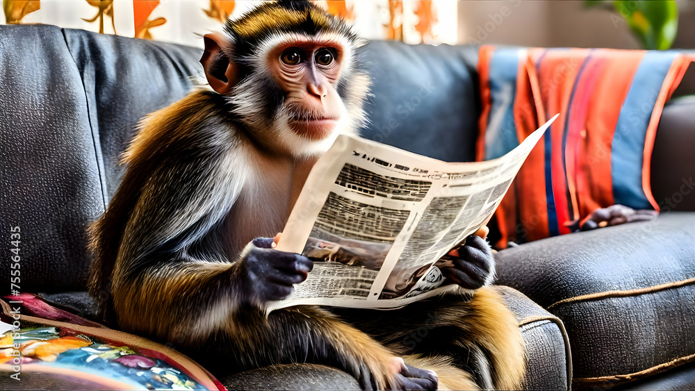 Monkey, newspaper, reading, illustration, concept, animal Stock Photo ...