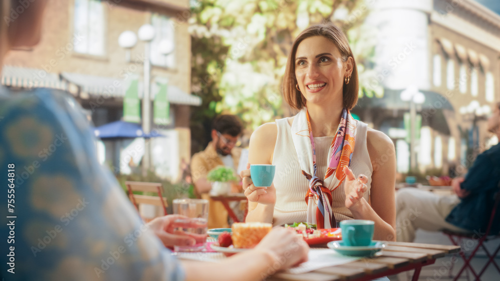 Two Happy Girlfriends Having a Fun Conversation on a Terrace. Friends ...